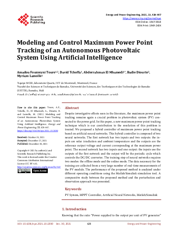 (PDF) Modeling and Control Maximum Power Point Tracking of an Autonomous Photovoltaic System ...