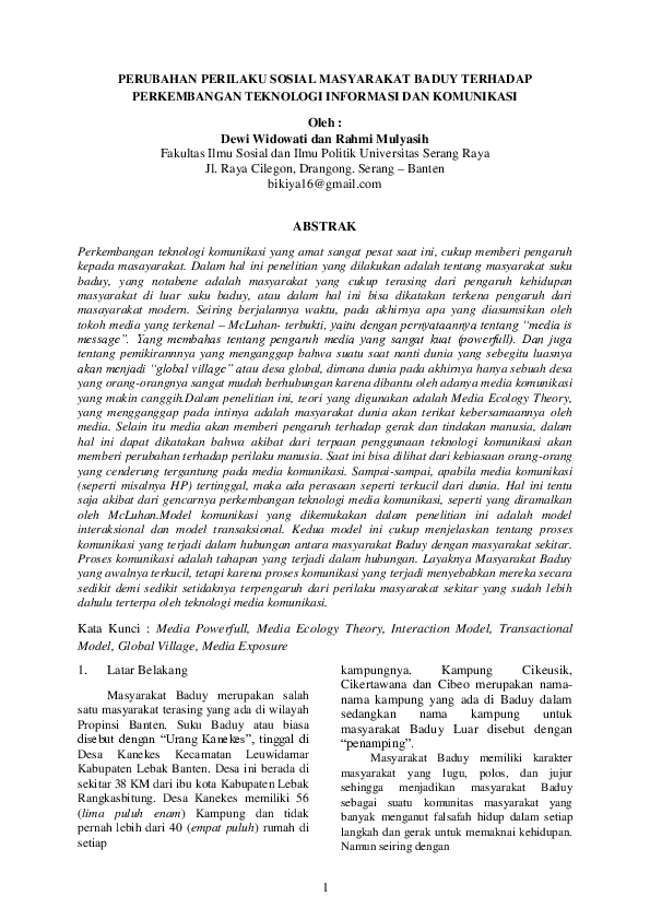 (PDF) Perubahan Perilaku Sosial Masyarakat Baduy Terhadap Perkembangan Teknologi Informasi Dan ...