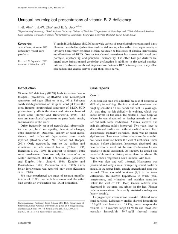 (PDF) Unusual neurological presentations of vitamin B12 deficiency ...