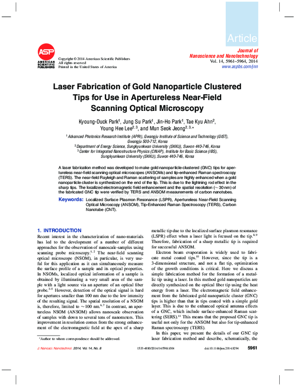 (PDF) Laser Fabrication of Gold Nanoparticle Clustered Tips for Use in Apertureless Near-Field ...