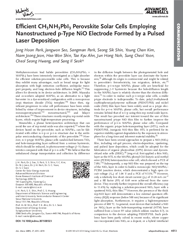 (PDF) Efficient CH3 NH3 PbI3 Perovskite Solar Cells Employing Nanostructured p-Type NiO ...