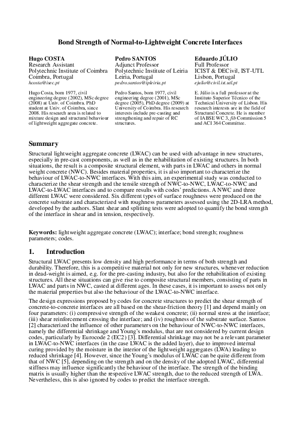 (PDF) Bond Strength of Normal-to-Lightweight Concrete Interfaces