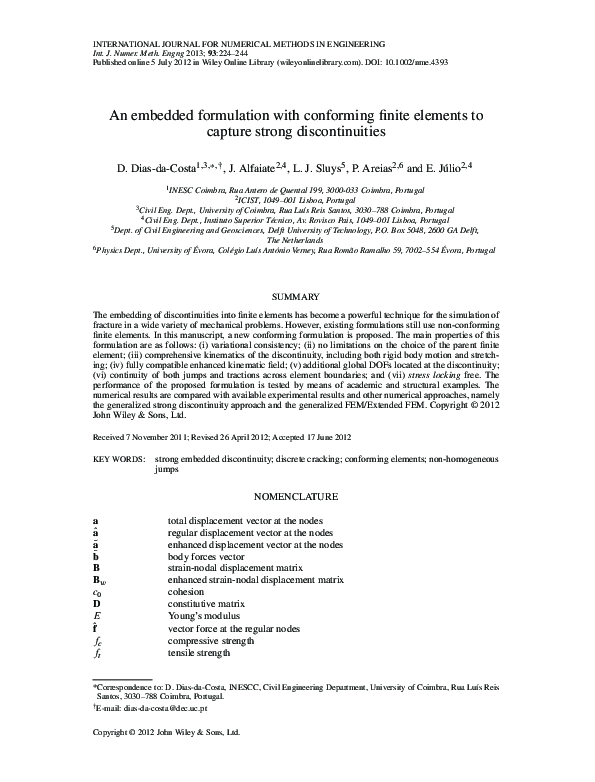 Pdf An Embedded Formulation With Conforming Finite Elements To Capture Strong Discontinuities 