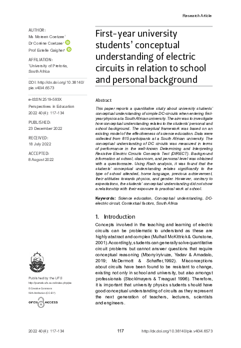 (PDF) First-year university students’ conceptual understanding of electric circuits in relation ...
