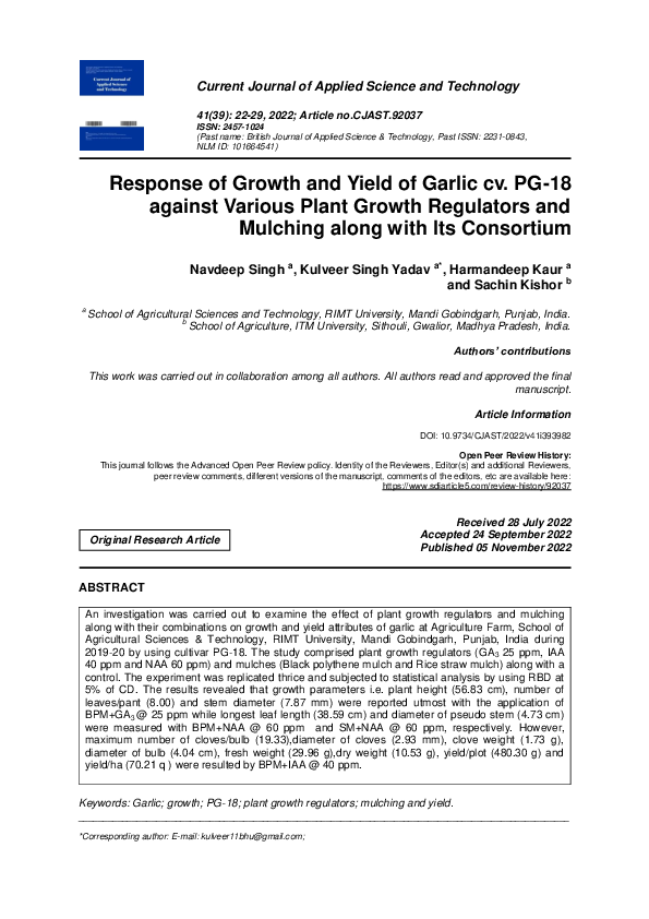 (PDF) Response of Growth and Yield of Garlic cv. PG-18 against Various ...