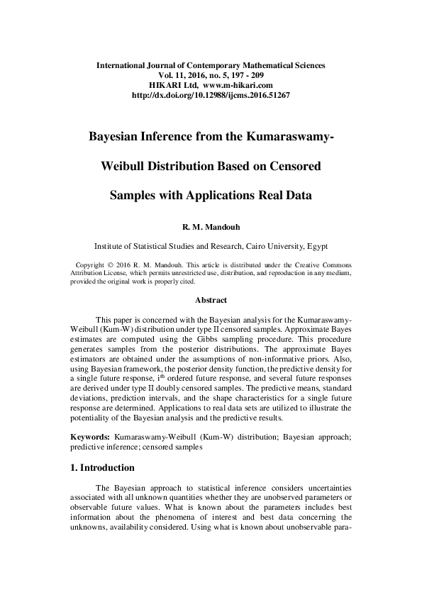 Pdf Bayesian Inference From The Kumaraswamy Weibull Distribution With Applications To Real Data