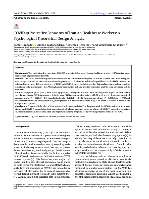 (PDF) COVID-19 Protective Behaviors of Iranian Healthcare Workers: A ...