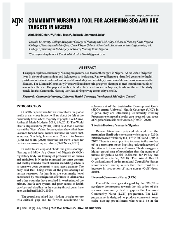 (PDF) Community Nursing a Tool for Achieving SDG and Uhc Targets in Nigeria