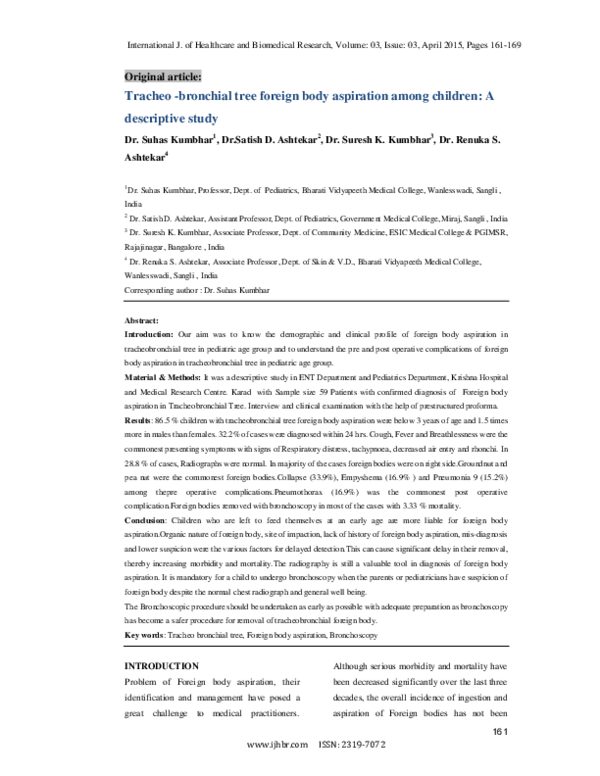 (PDF) Tracheo-bronchial tree foreign body aspiration among children : A ...
