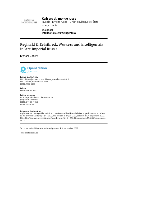 (PDF) Reginald E. Zelnik, ed., Workers and intelligentsia in late ...