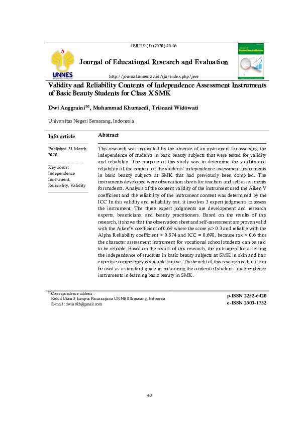 (PDF) Validity and Reliability Contents of Independence Assessment Instruments of Basic Beauty ...