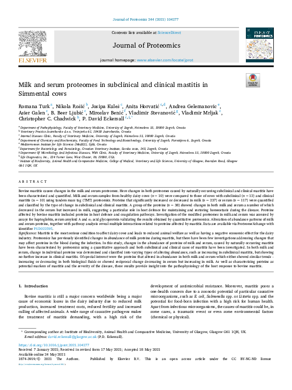 (PDF) Milk and serum proteomes in subclinical and clinical mastitis in ...