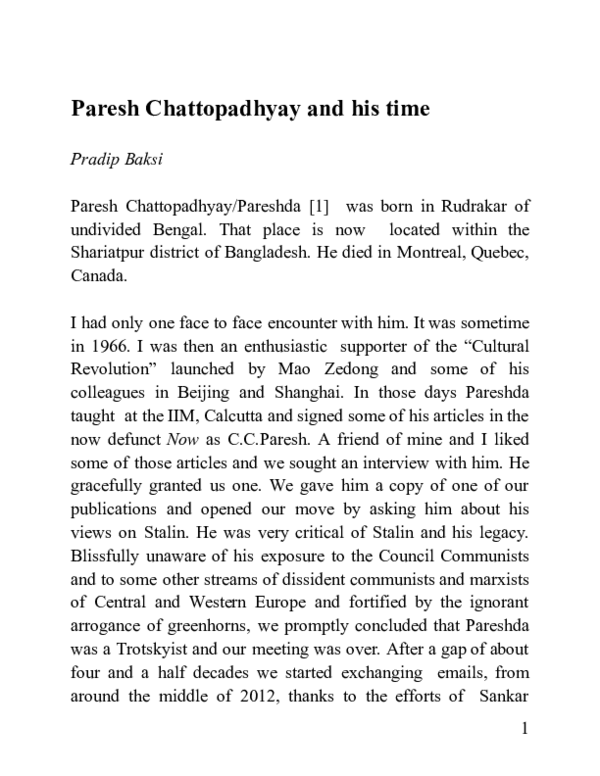 (PDF) Paresh Chattopadhyay and his time