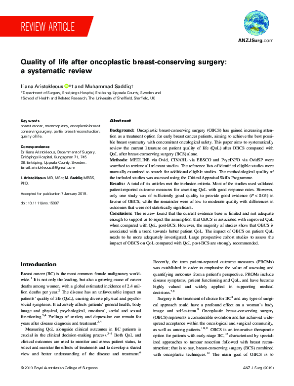 (PDF) Quality of life after oncoplastic breast‐conserving surgery: a systematic review