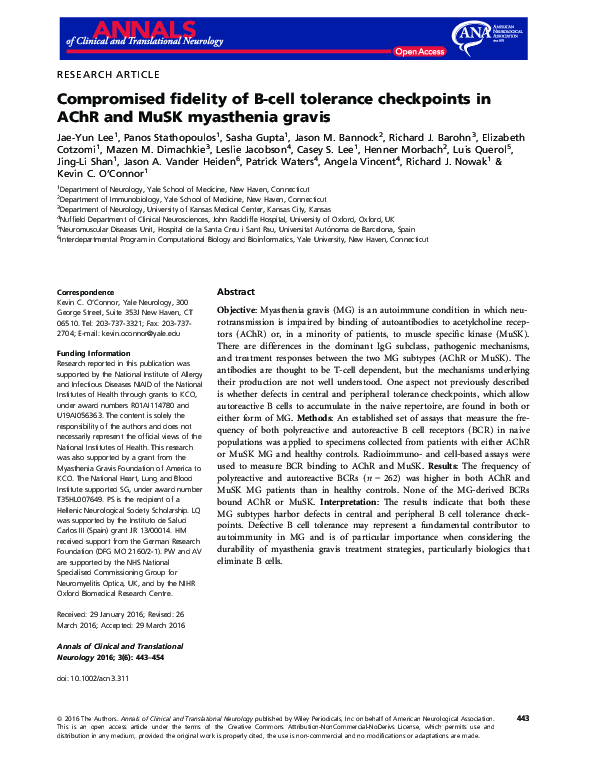 (PDF) Compromised fidelity of B-cell tolerance checkpoints in AChR and ...