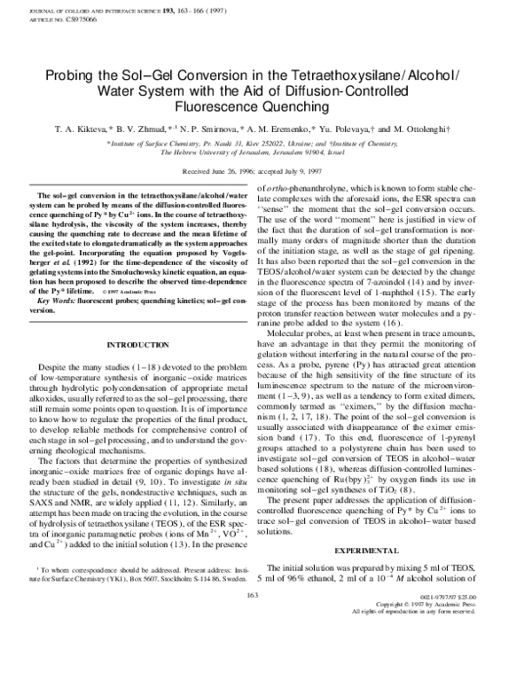 (PDF) Probing the Sol–Gel Conversion in the Tetraethoxysilane/Alcohol ...