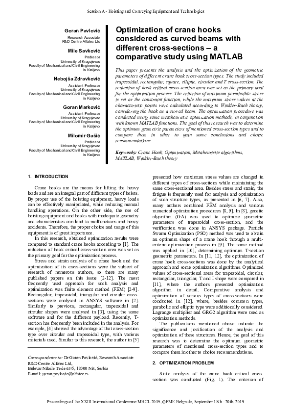 (PDF) Optimization of crane hooks considered as curved beams with different cross-sections -a ...