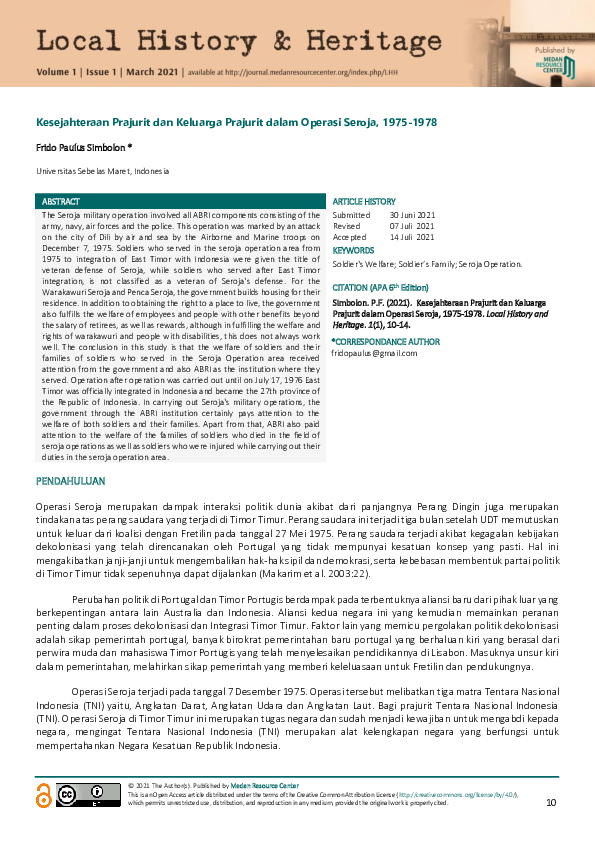 (PDF) Kesejahteraan Prajurit dan Keluarga Prajurit dalam Operasi Seroja ...