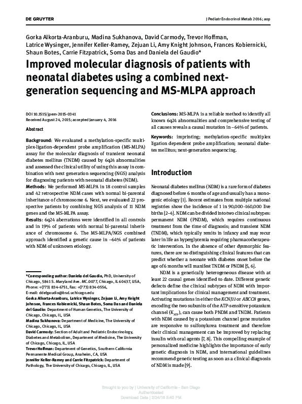 (PDF) Improved molecular diagnosis of patients with neonatal diabetes ...