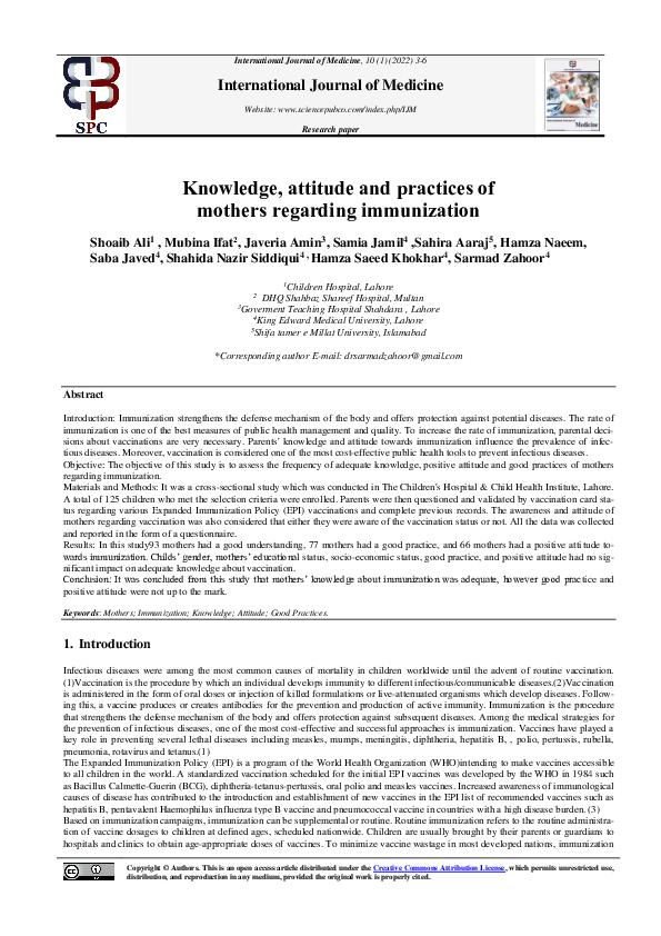 (PDF) Knowledge, attitude and practices of mothers regarding immunization