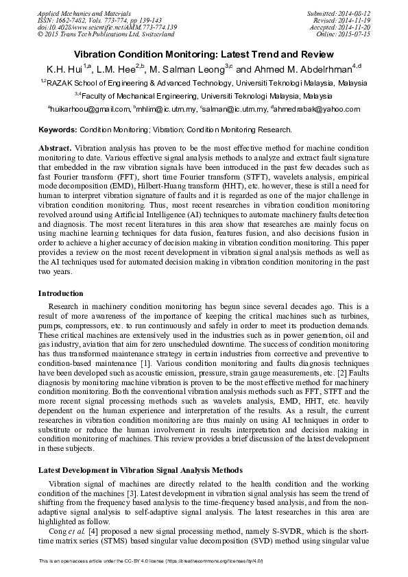 (PDF) Vibration Condition Monitoring: Latest Trend and Review