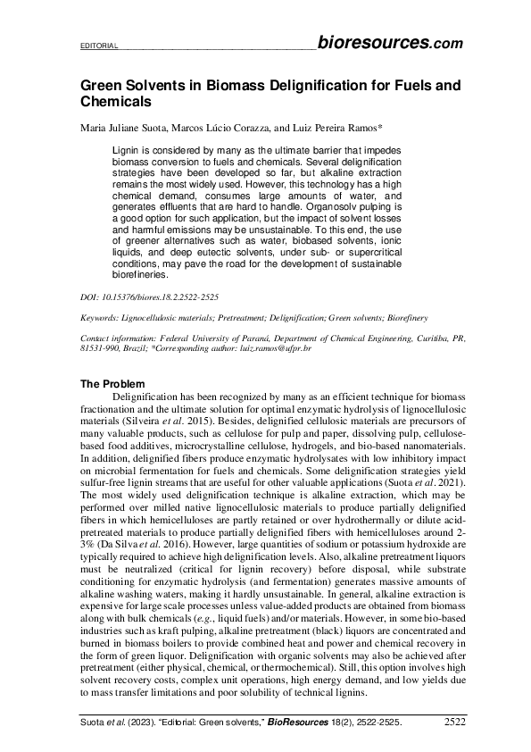 (PDF) Green solvents in biomass delignification for fuels and chemicals