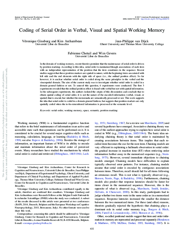 Pdf Coding Of Serial Order In Verbal Visual And Spatial Working Memory