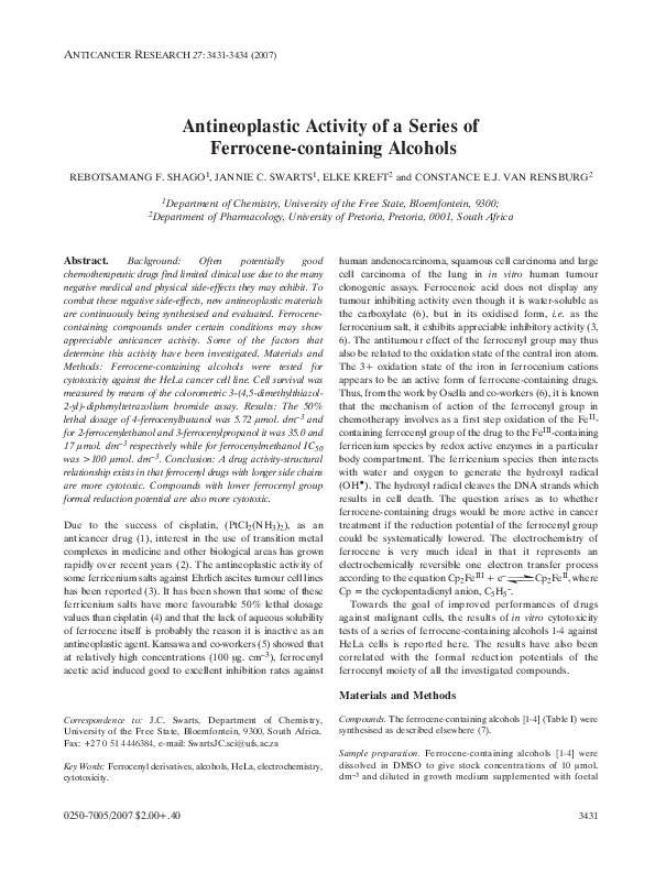 (PDF) Antineoplastic activity of a series of ferrocene-containing alcohols
