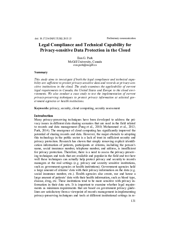 (PDF) Legal Compliance and Technical Capability for Privacy-sensitive ...