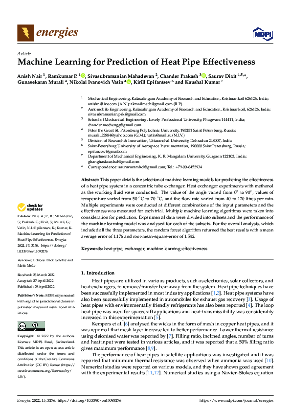 (PDF) Machine Learning for Prediction of Heat Pipe Effectiveness