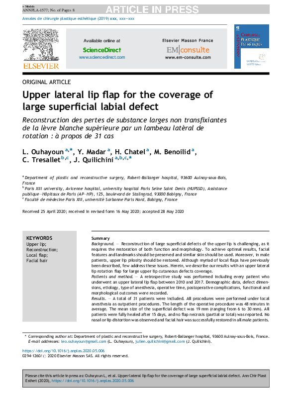 (PDF) Upper lateral lip flap for the coverage of large superficial ...