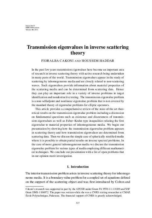 (PDF) Transmission Eigenvalues in Inverse Scattering Theory