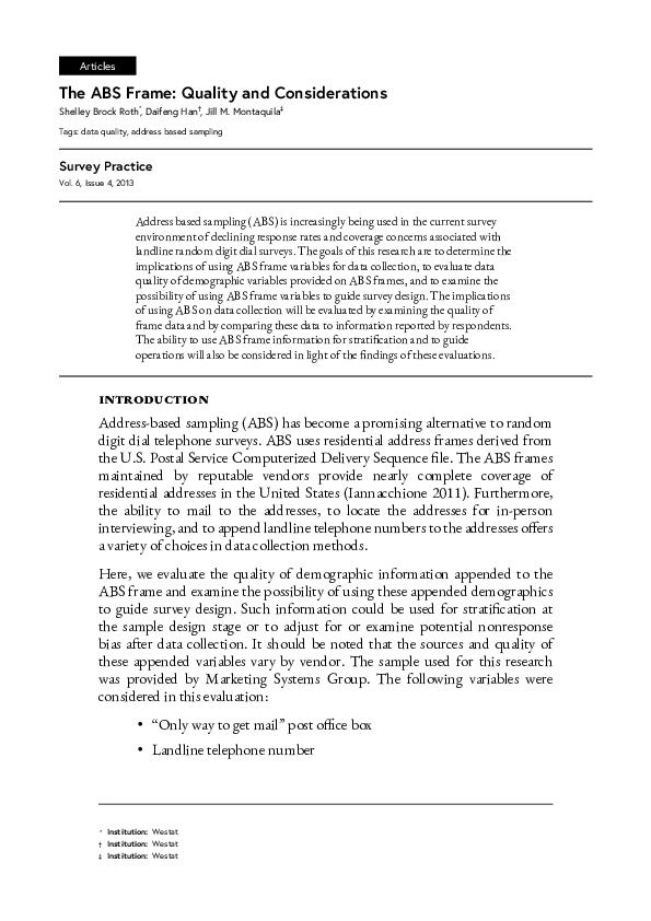 (PDF) The ABS Frame: Quality and Considerations