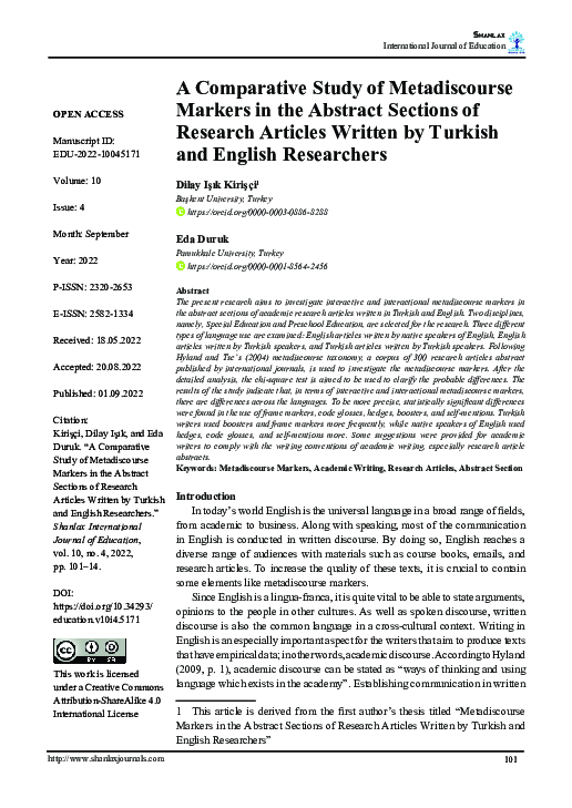 (PDF) A Comparative Study of Metadiscourse Markers in the Abstract Sections of Research Articles ...