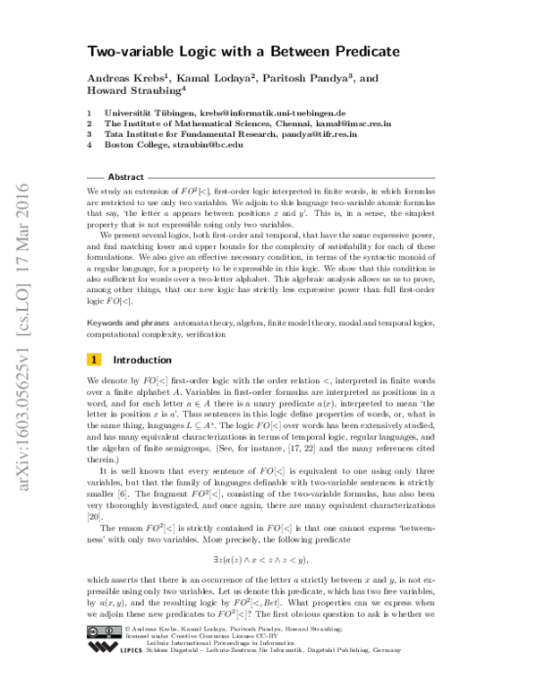 (PDF) Two-variable Logic with a Between Predicate