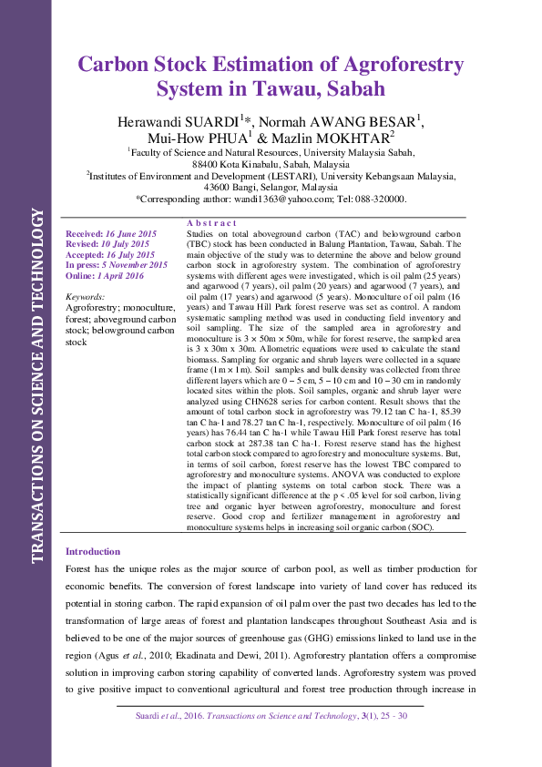 (PDF) Carbon stock estimation of agroforestry system in Tawau, Sabah