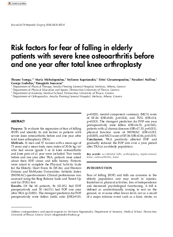 (PDF) Risk factors for fear of falling in elderly patients with severe ...