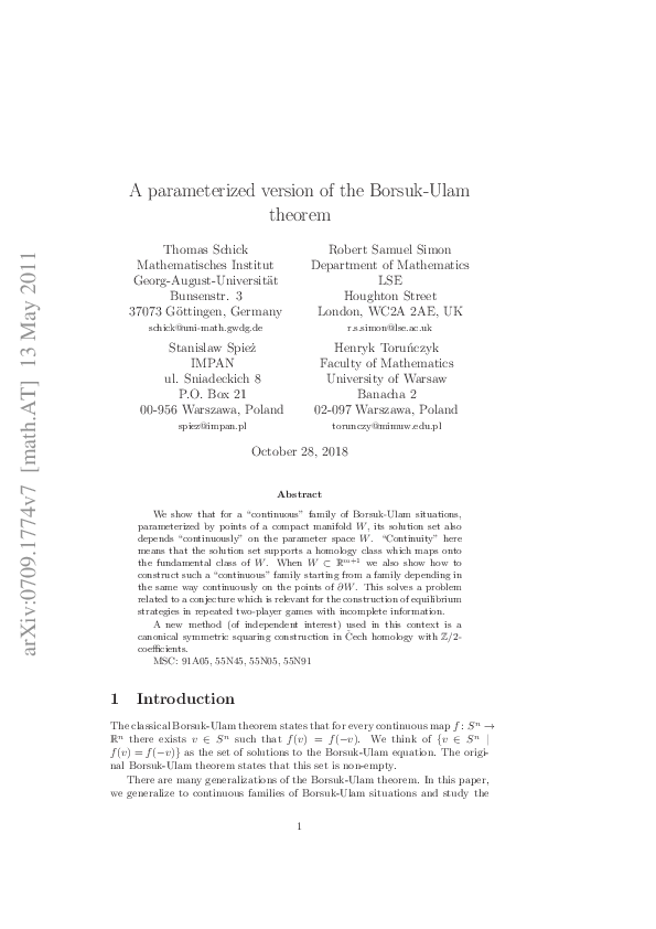Pdf A Parameterized Version Of The Borsuk Ulam Theorem 3718