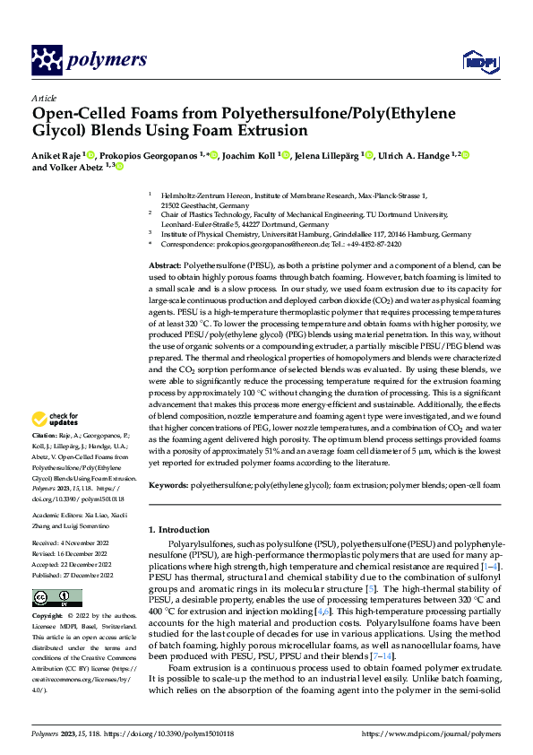 (PDF) Open-Celled Foams from Polyethersulfone/Poly(Ethylene Glycol ...