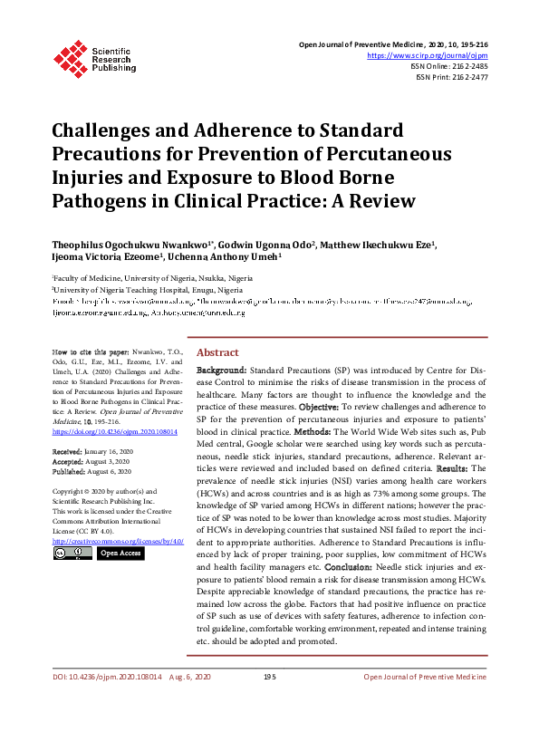 (PDF) Challenges and Adherence to Standard Precautions for Prevention ...