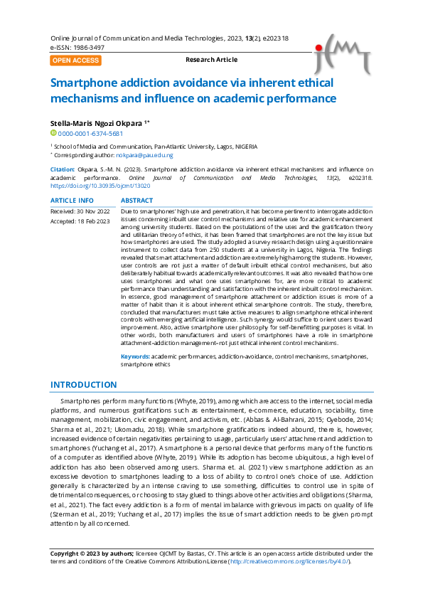 (PDF) Smartphone addiction avoidance via inherent ethical mechanisms and influence on academic ...