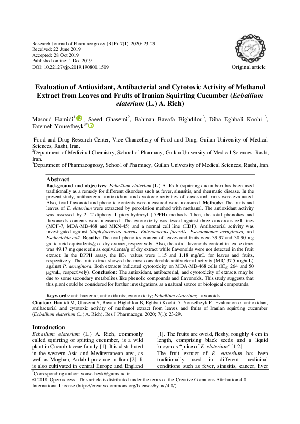 (PDF) Evaluation of Antioxidant, Antibacterial and Cytotoxic Activity ...