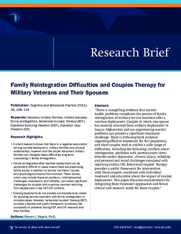 (PDF) Family Reintegration Difficulties and Couples Therapy for ...