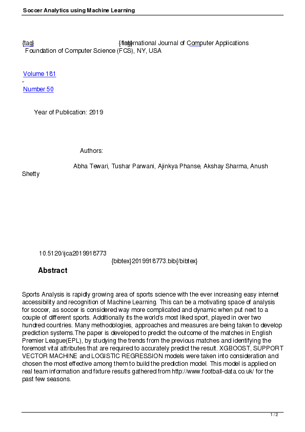 Pdf Soccer Analytics Using Machine Learning