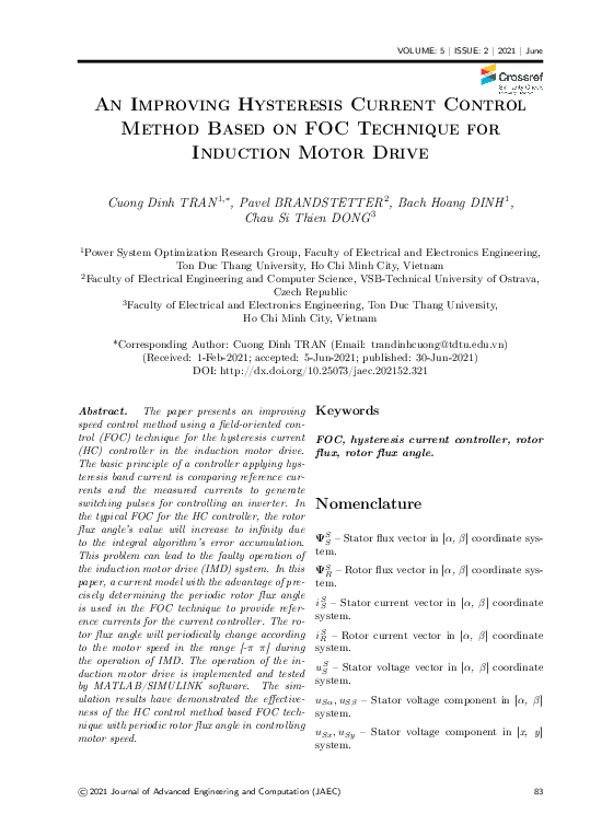 Pdf An Improving Hysteresis Current Control Method Based On Foc Technique For Induction Motor