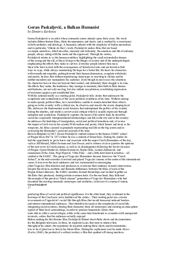 (PDF) Goran Paskaljević, a Balkan Humanist