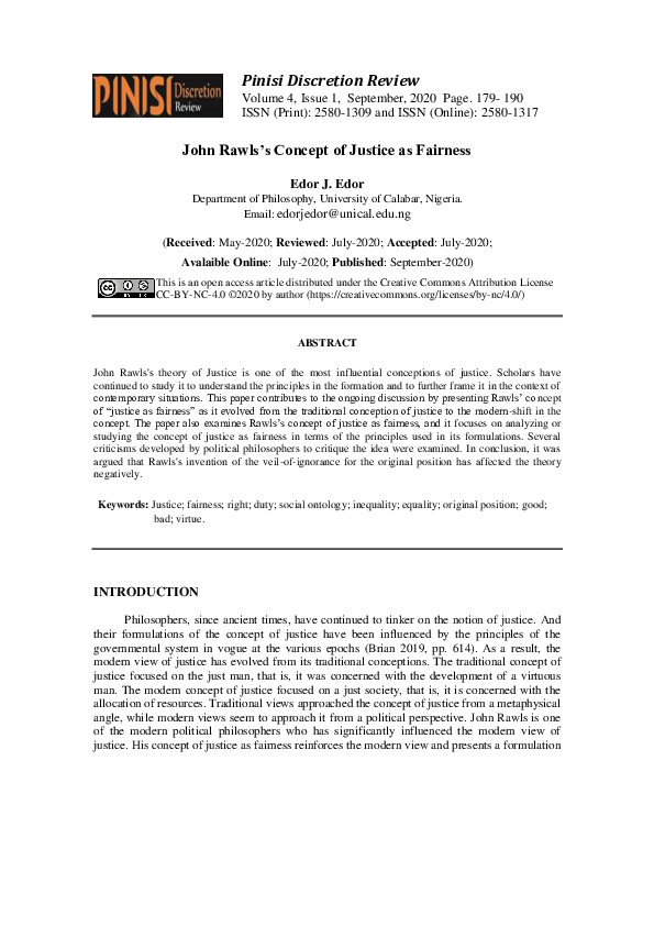 (PDF) John Rawls’s Concept of Justice as Fairness