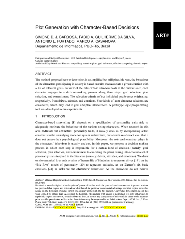 (PDF) Plot Generation with Character-Based Decisions