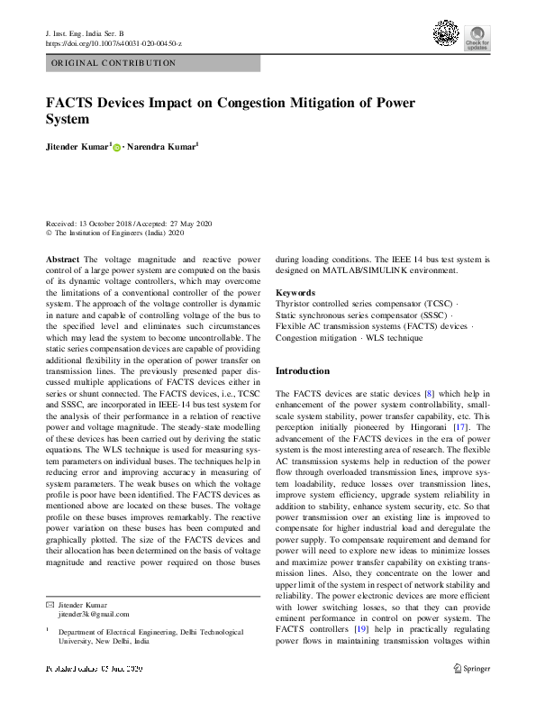 Pdf Facts Devices Impact On Congestion Mitigation Of Power System