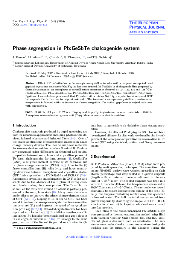 (PDF) Phase segregation in Pb:GeSbTe chalcogenide system
